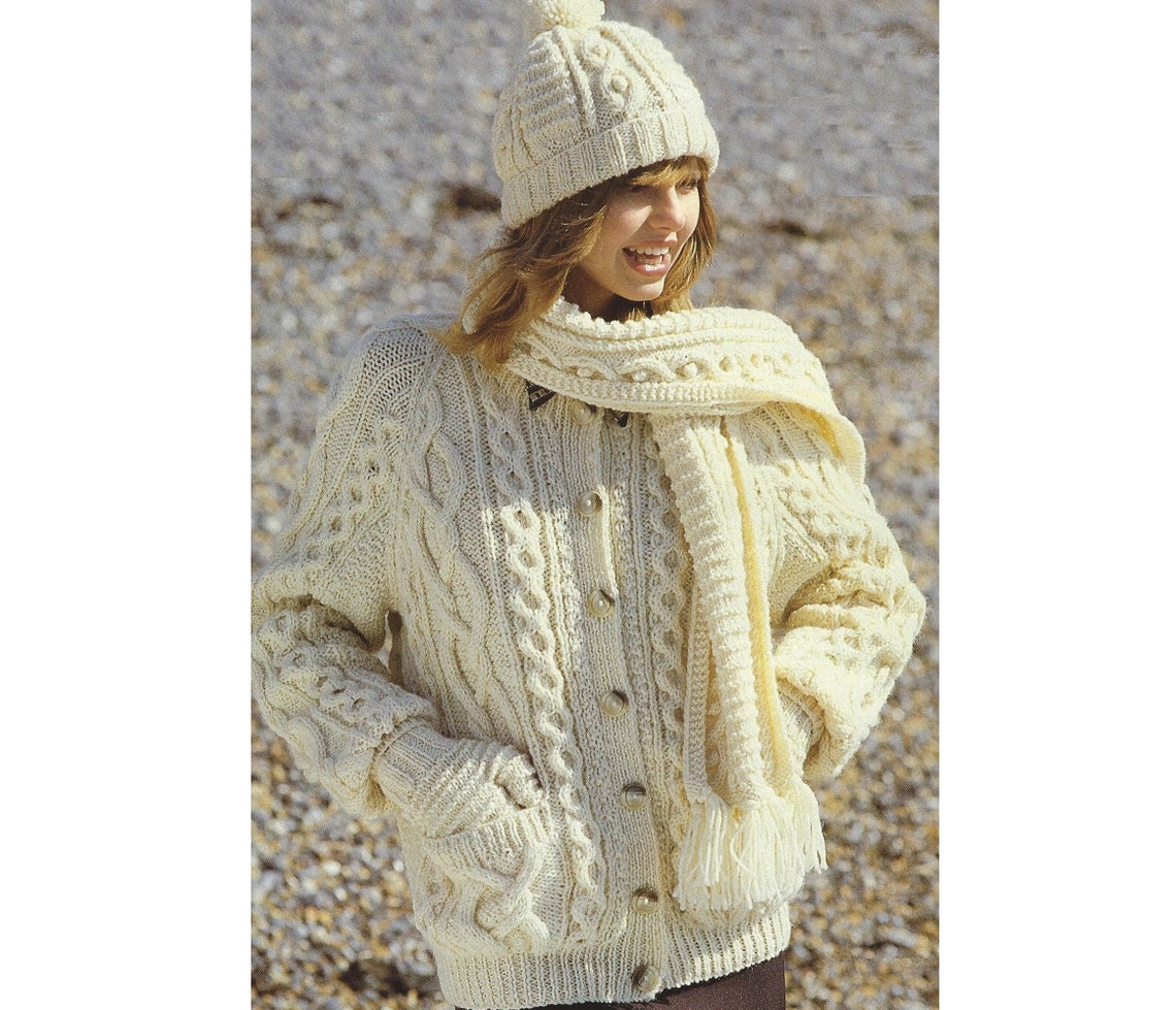 Ladies Aran PDF Knitting Pattern Cardigan Hat Mittens and - Etsy