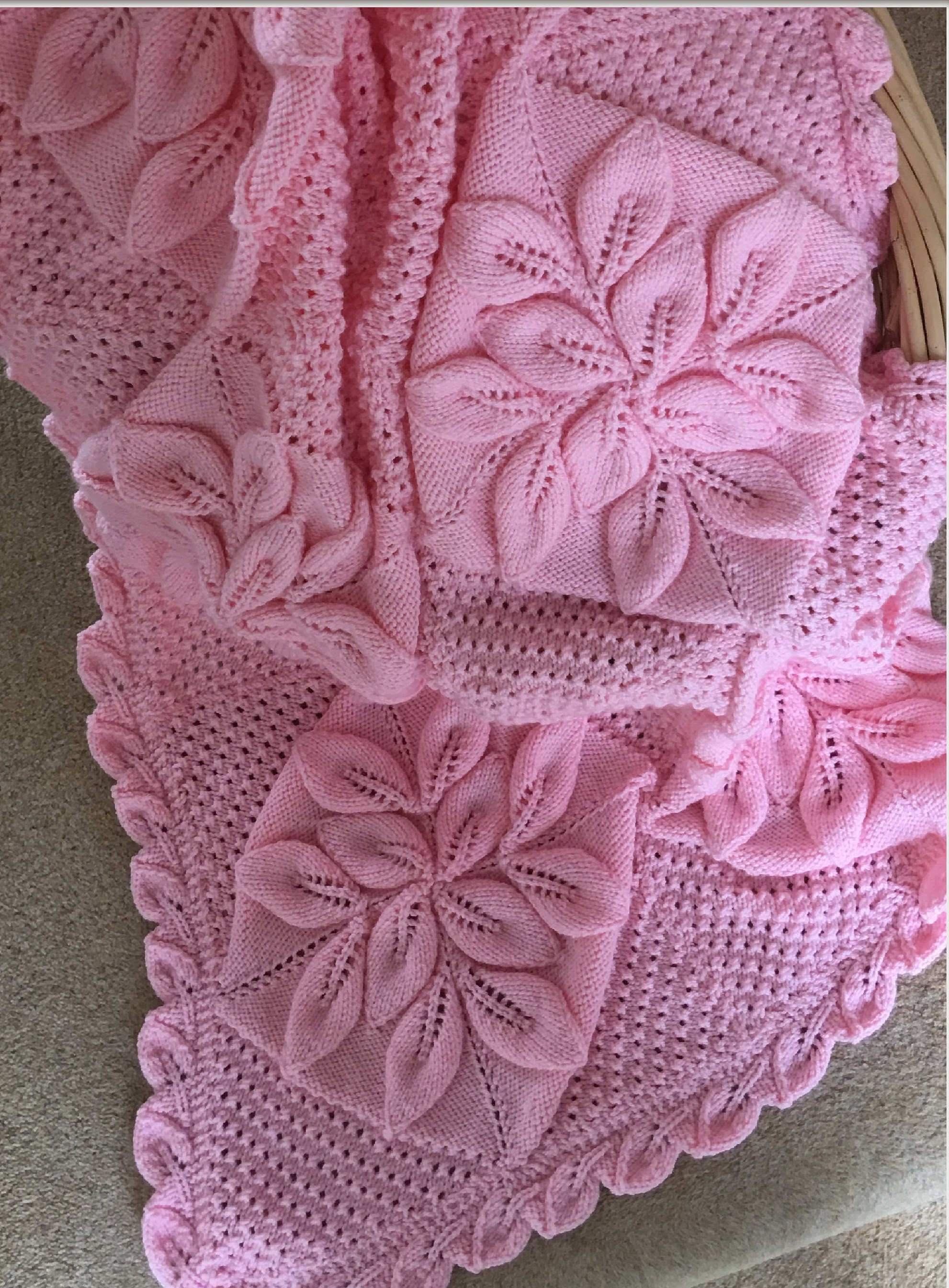 Baby Traditional Blanket/pram Cover Knitting Pattern Roses and Leaves ...