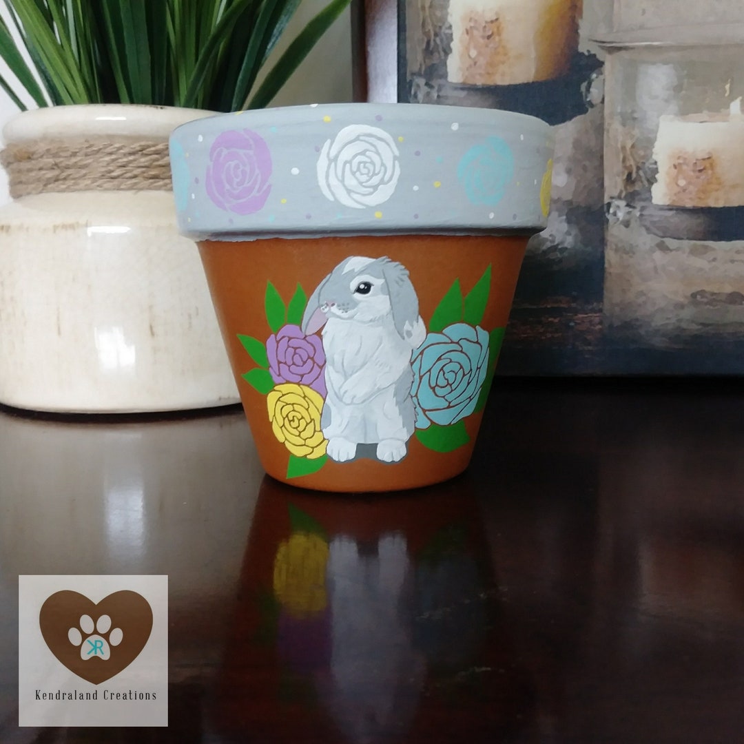 Hand Painted 4 Inch Mini Lop Rabbit Terra Cotta Flower Pot/ Bunny Plant ...