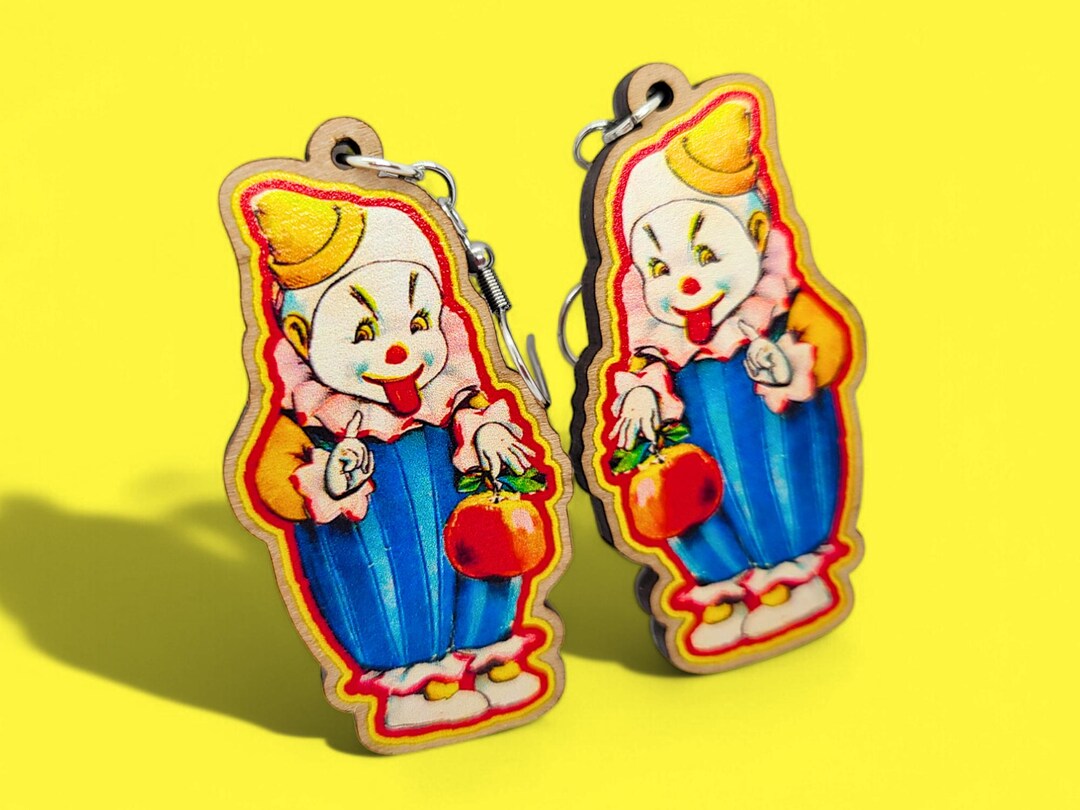 Creepy Clown Earrings: Laser Cut Cherry Wood Halloween Dangles - Etsy
