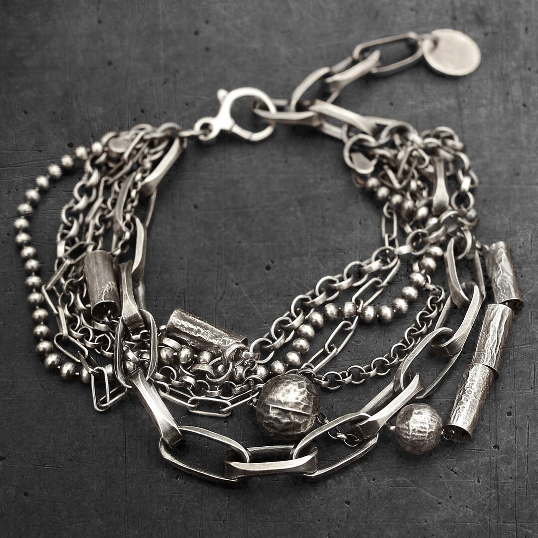 Sterling Silver Layered Bracelet Oxidized 925 Sterling Silver Multi ...