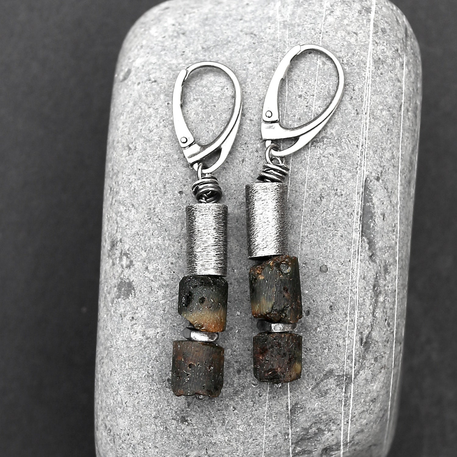 Earrings raw oxidized sterling silver brushed silver | Etsy