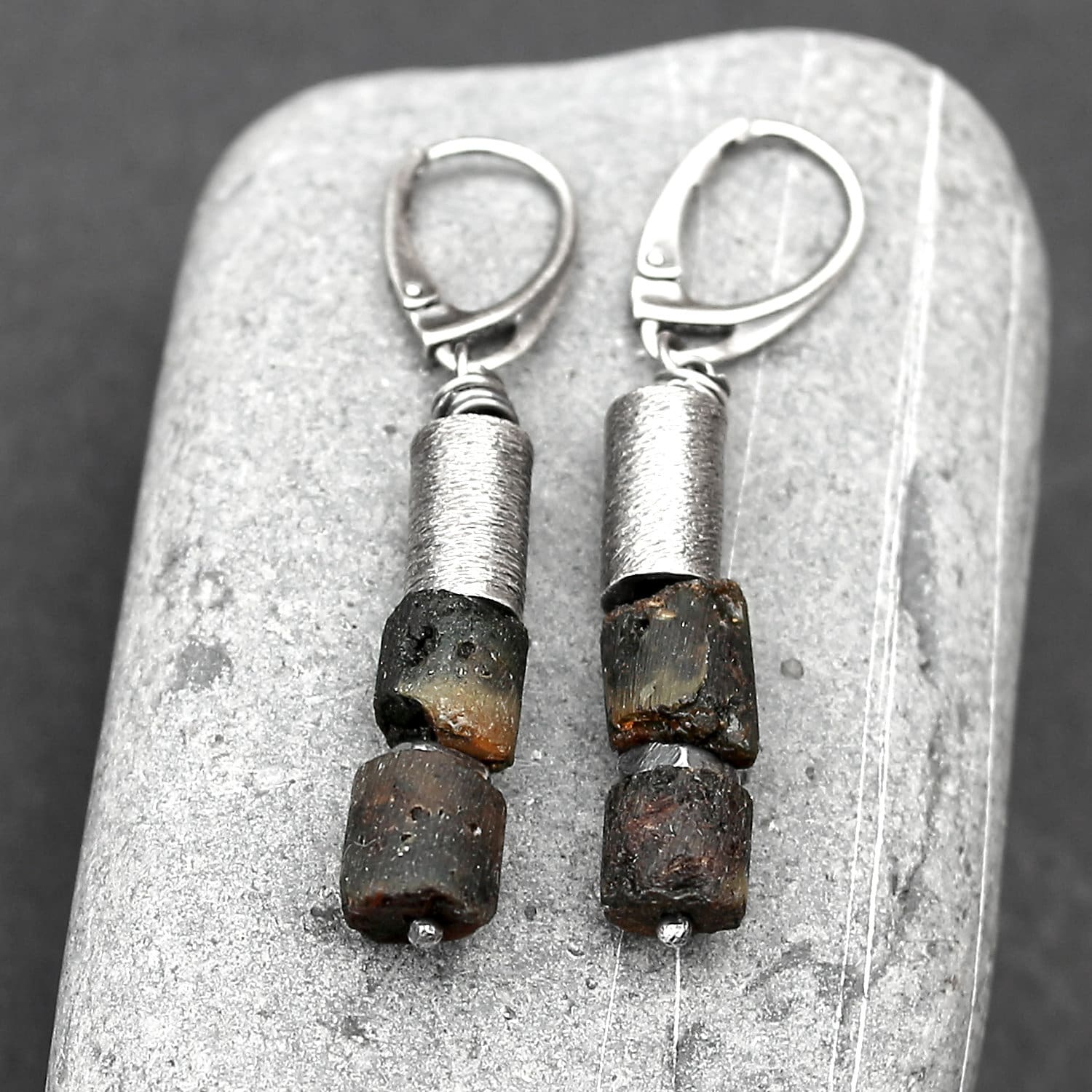 Earrings raw oxidized sterling silver brushed silver | Etsy