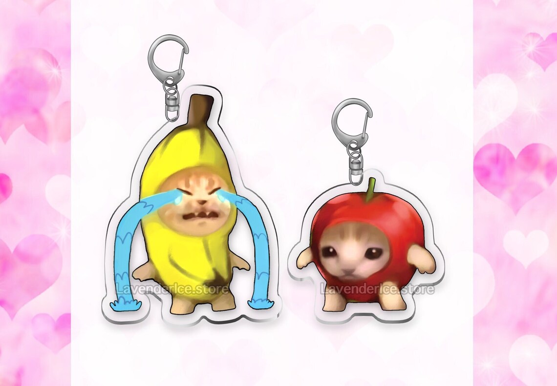 Crying Banana Cat Meme - Happy Apple Cat Meme - Keychain - Etsy