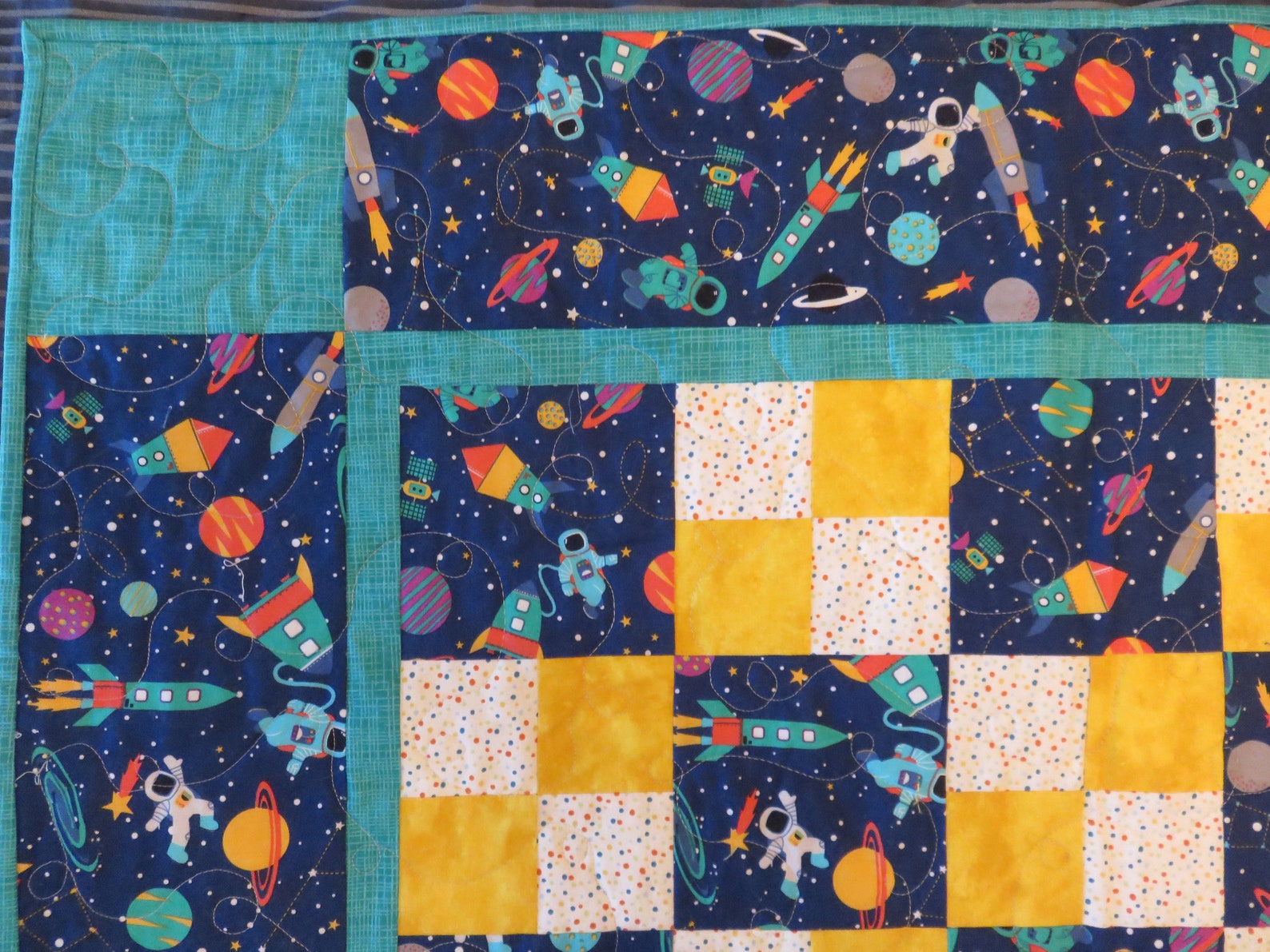 Space Theme Baby Quilt, Astronaut Planets Spaceship Quilt, Toddler Lap ...