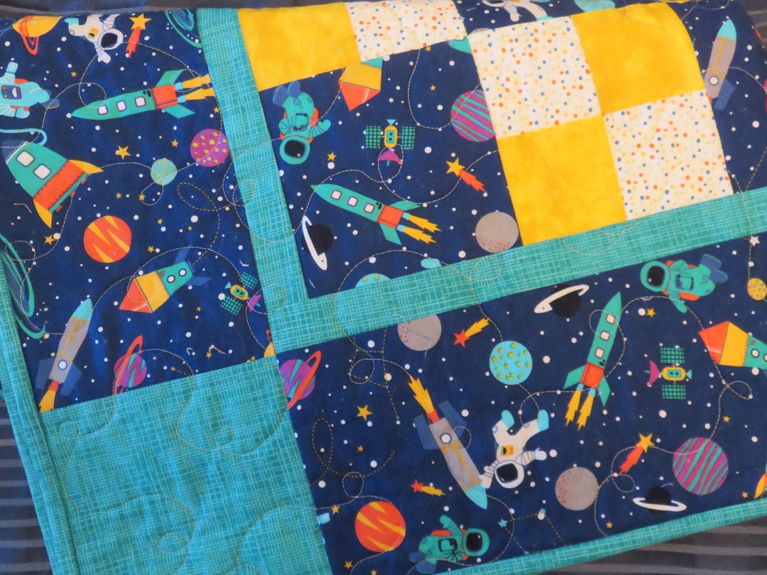 Space Theme Baby Quilt, Astronaut Planets Spaceship Quilt, Toddler Lap ...