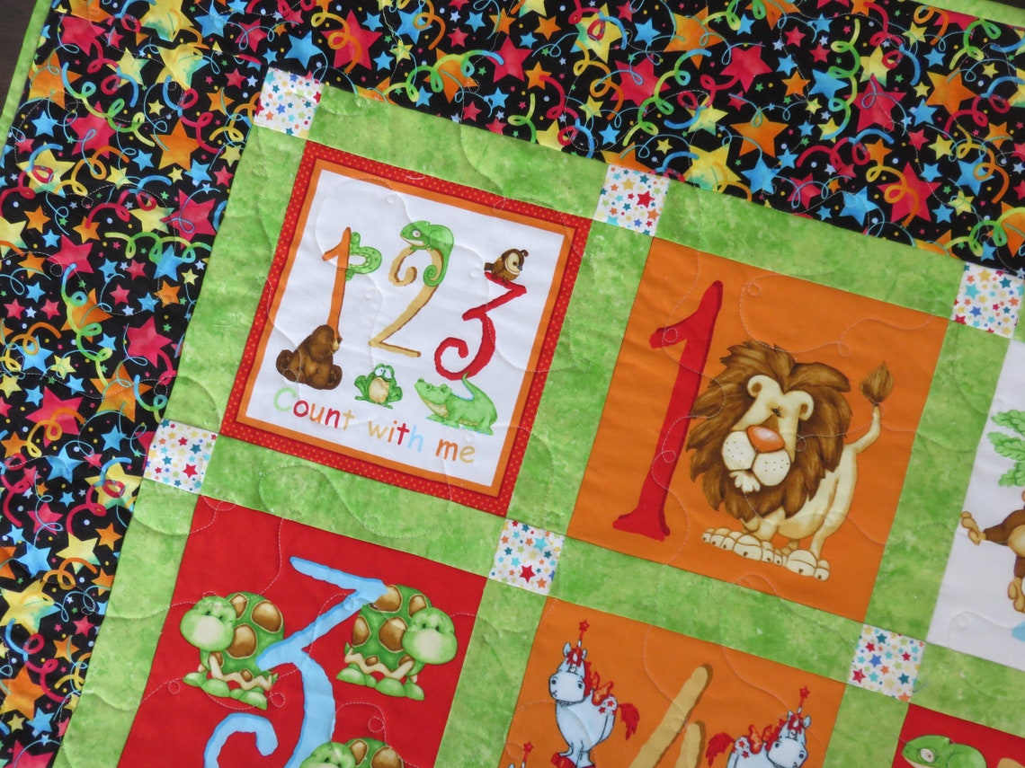 Counting Numbers Baby Quilt, Animals and Stars Gender Neutral Patchwork ...