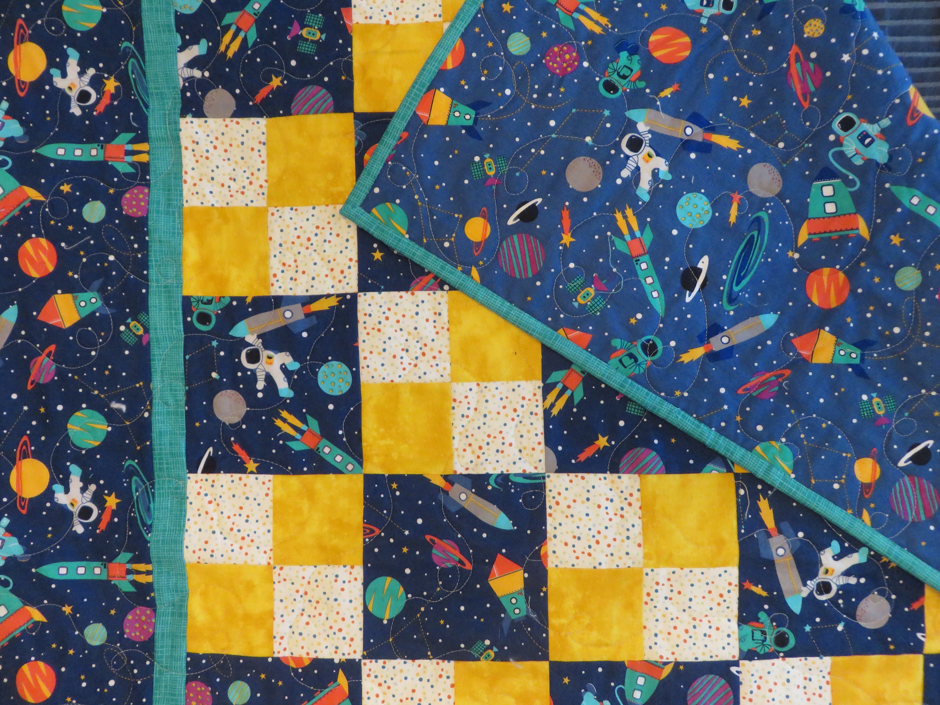 Space Theme Baby Quilt, Astronaut Planets Spaceship Quilt, Toddler Lap ...