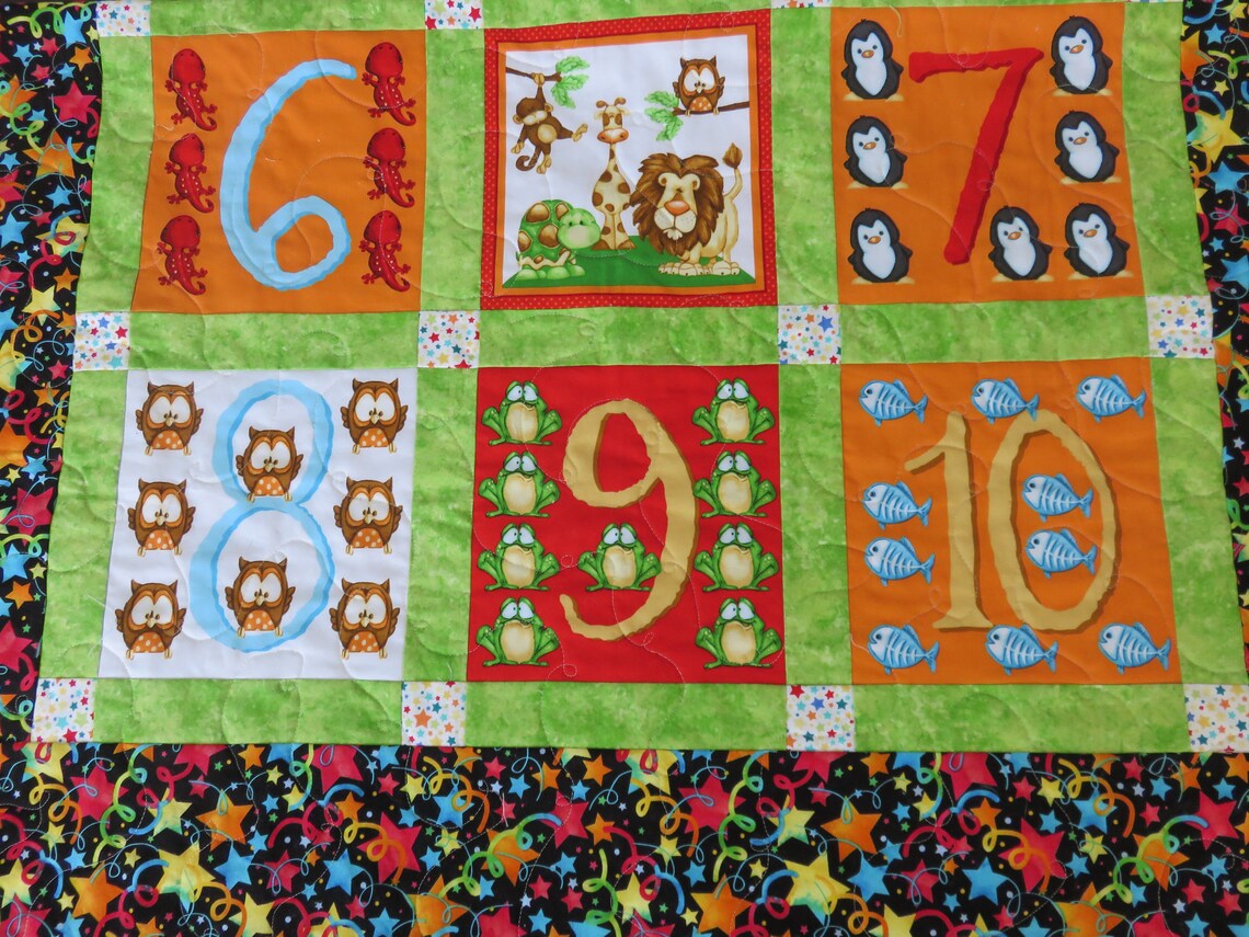 Counting Numbers Baby Quilt, Animals and Stars Gender Neutral Patchwork ...