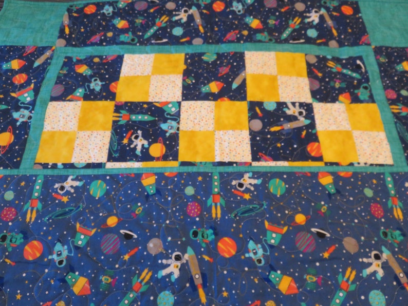 Space Theme Baby Quilt, Astronaut Planets Spaceship Quilt, Toddler Lap ...