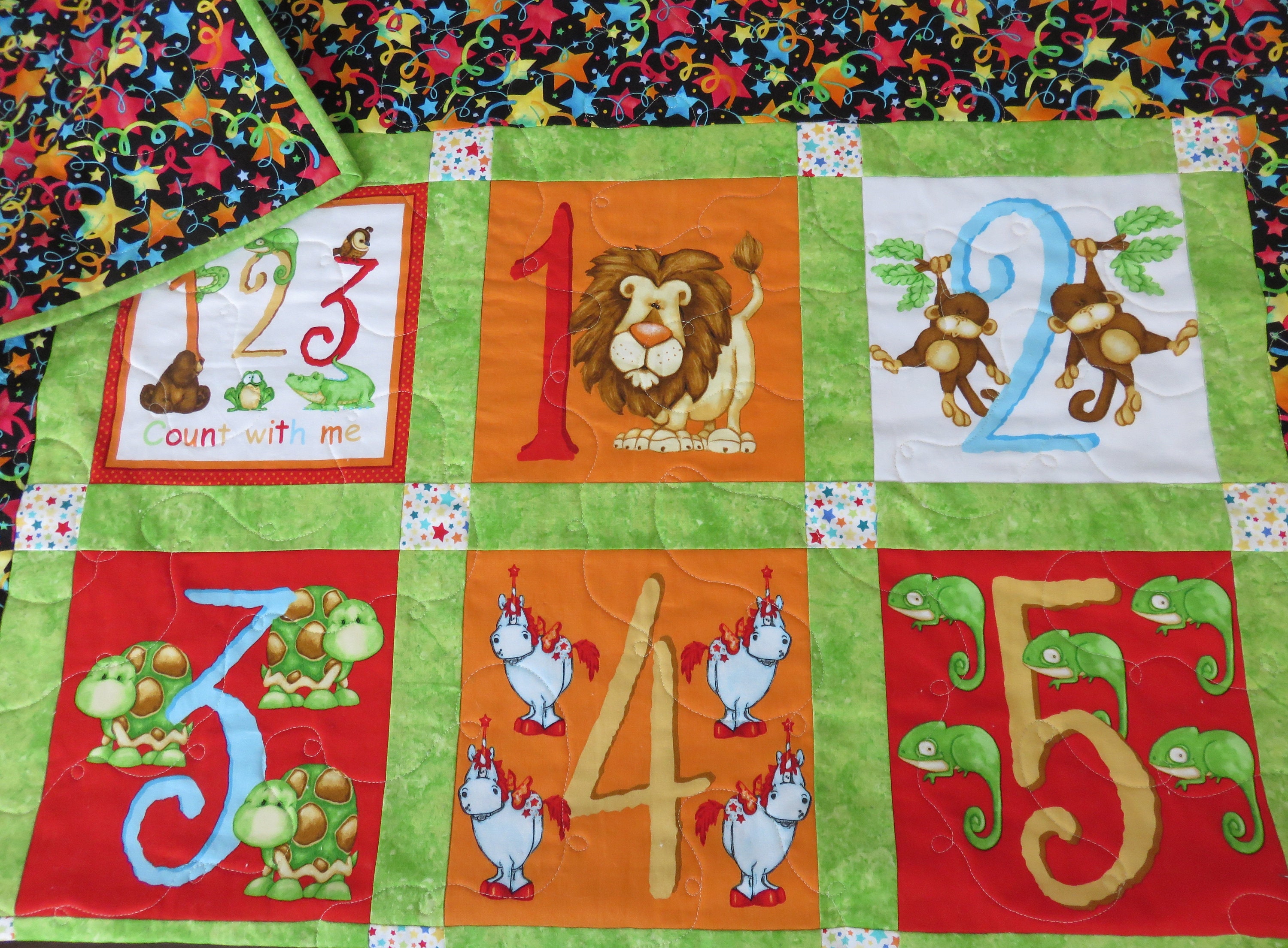 Counting Numbers Baby Quilt, Animals and Stars Gender Neutral Patchwork ...