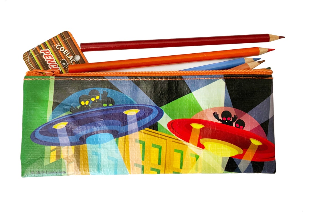 UFO - Recycled Pencil Bag, Retro Robot College Design Art Supply Museum ...