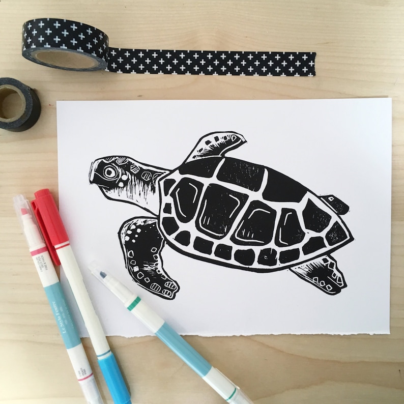 Sea Turtle Lino Print A5 Black and White Linocut Ocean Life Art Marine ...