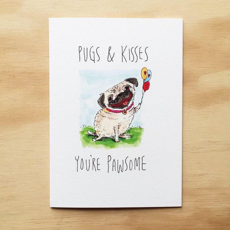 Pugs and Kisses, You're Pawsome | Handmade Greeting Card | Love Card ...