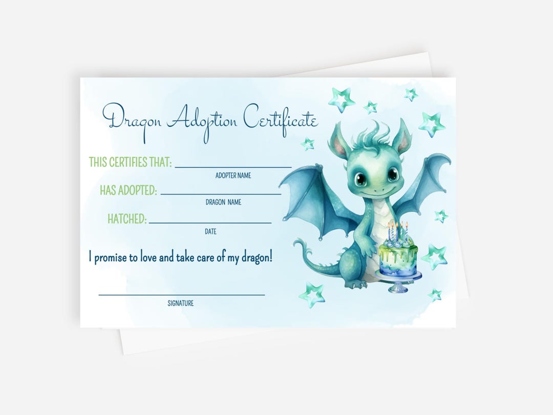 Boy Dragon Adoption Certificate for Boys Dragon Themed Birthday Party Dragon Party Favor ...