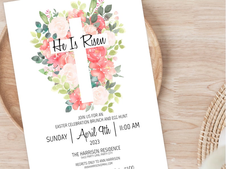 Editable Christian Easter Invitation Floral Cross Invitation - Etsy