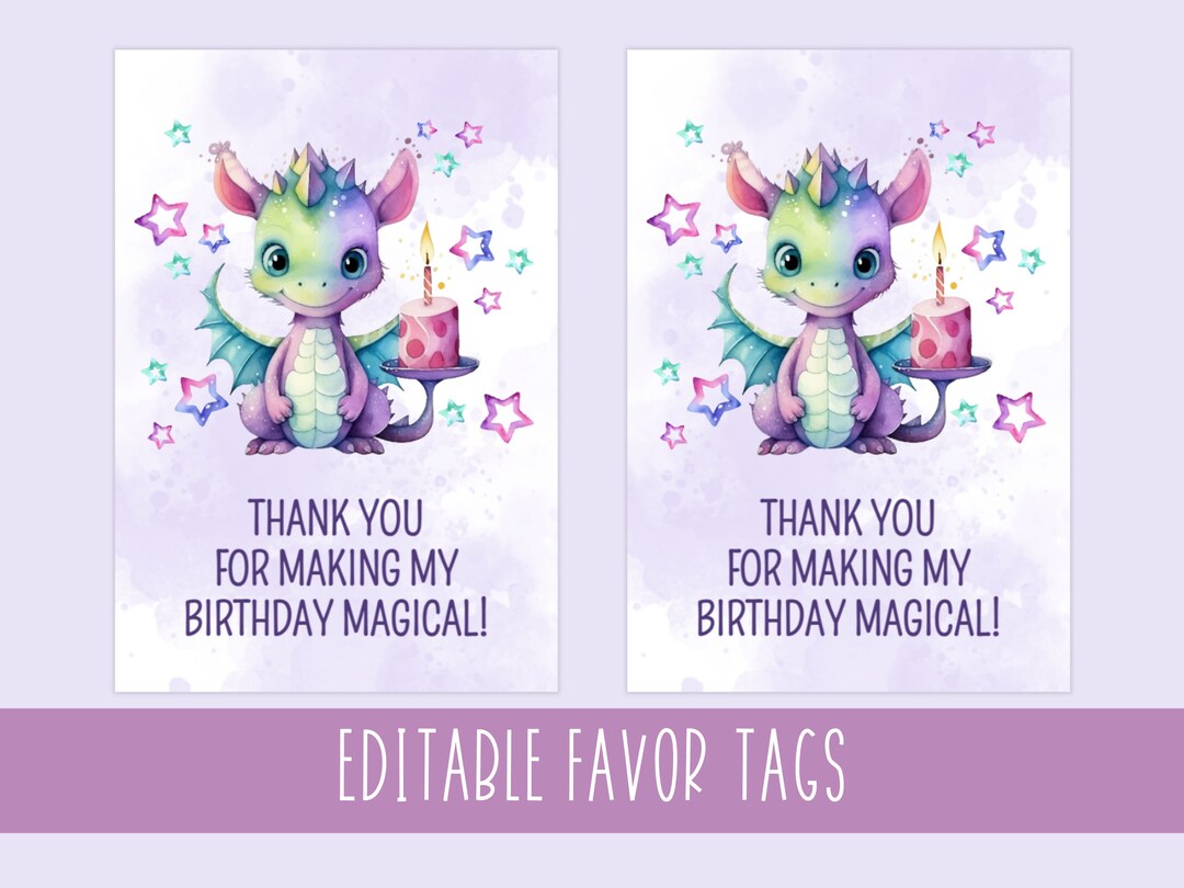 Editable Girly Dragon Birthday Favor Tags for Girls Dragon Themed ...