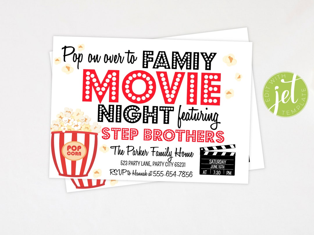 Editable Popcorn Family Movie Night Invitation Template Printable Movie ...