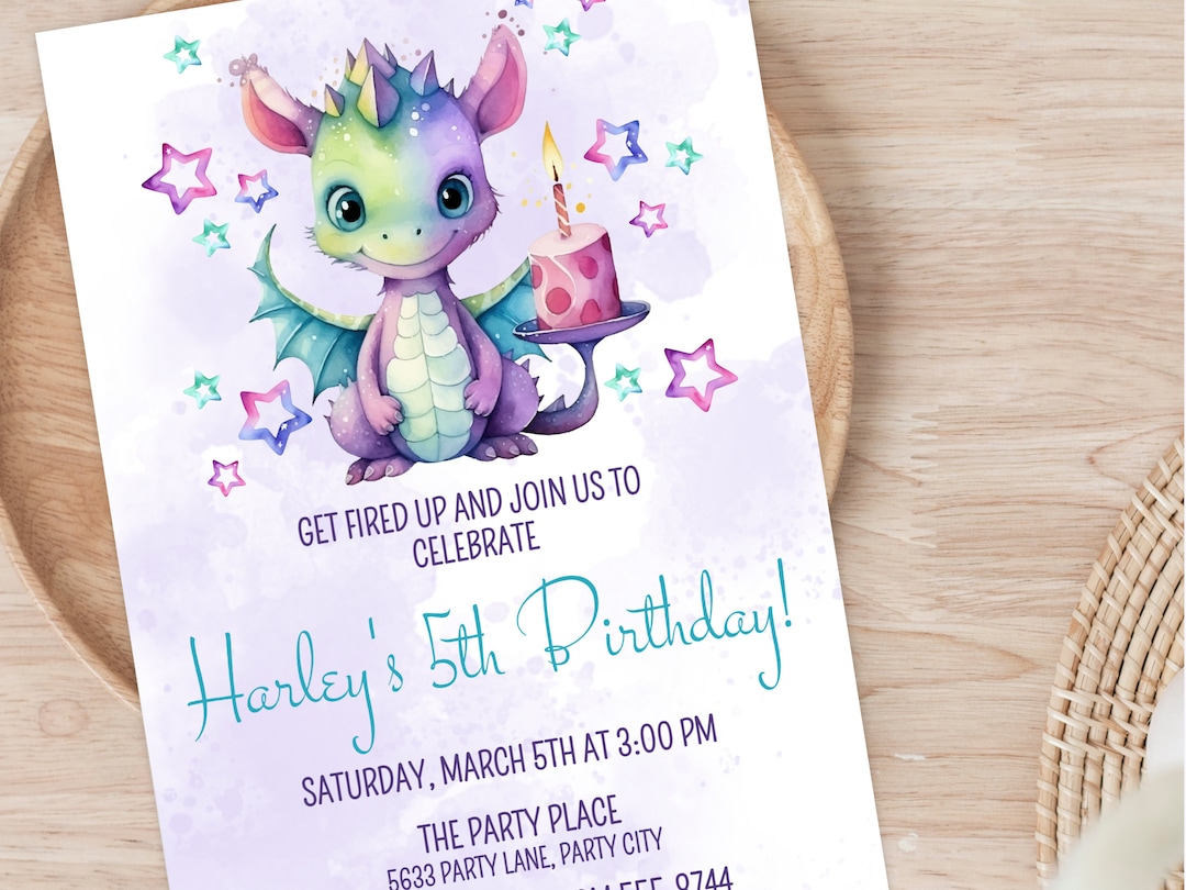Buy Editable Girly Dragon Birthday Invitation for Girls Dragon Themed ...