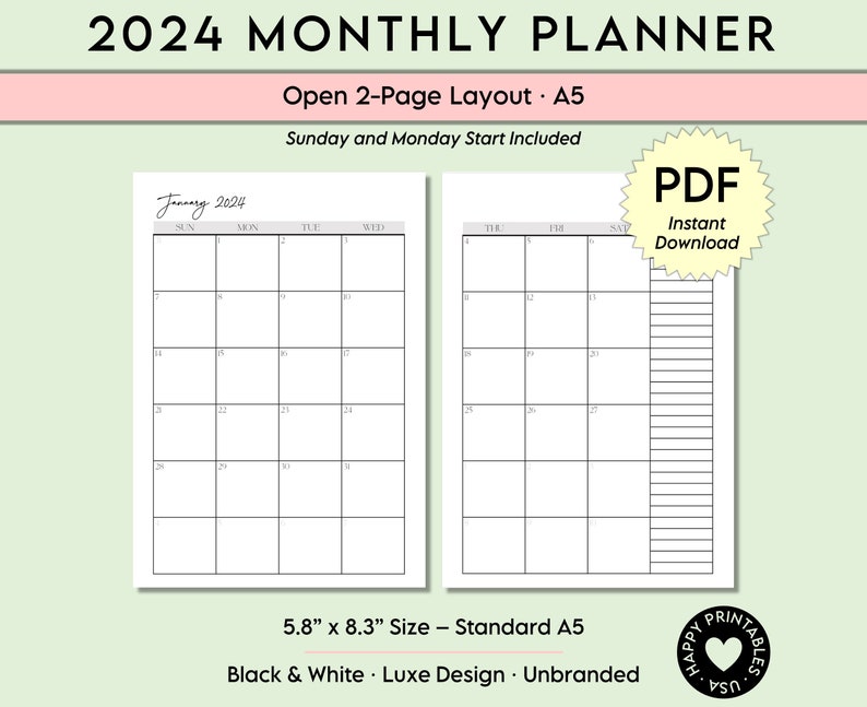 2024 Monthly Planner Printable PDF Instant Download A5 Size / 5.82 X 8. ...