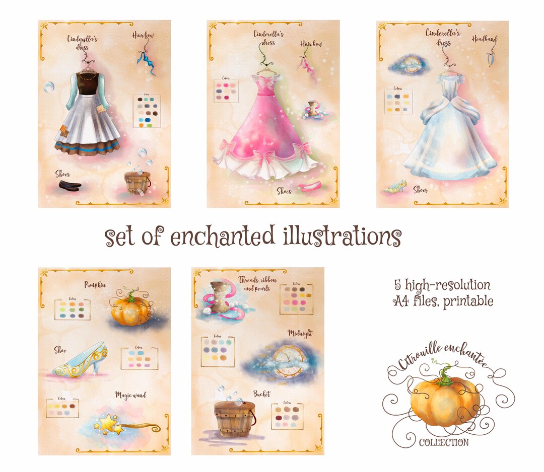 Illustrations of Cinderella's Accessories, Objects and Dresses, to ...