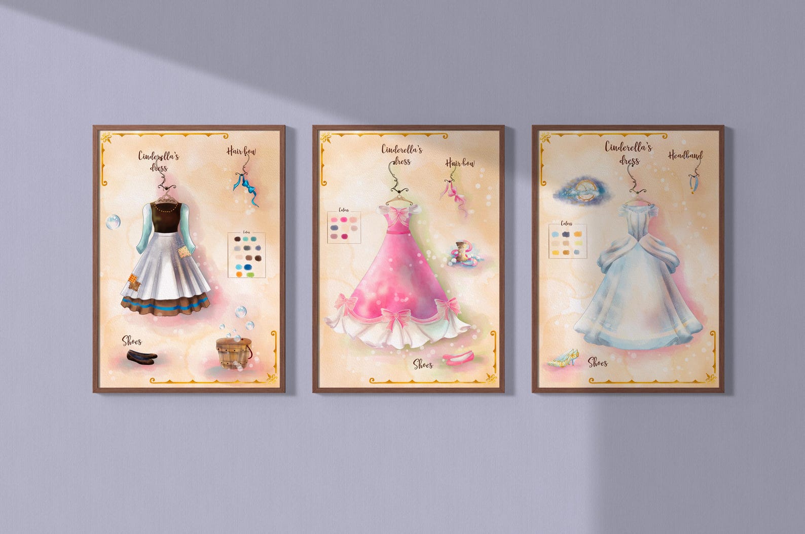 Illustrations of Cinderella's Accessories, Objects and Dresses, to ...