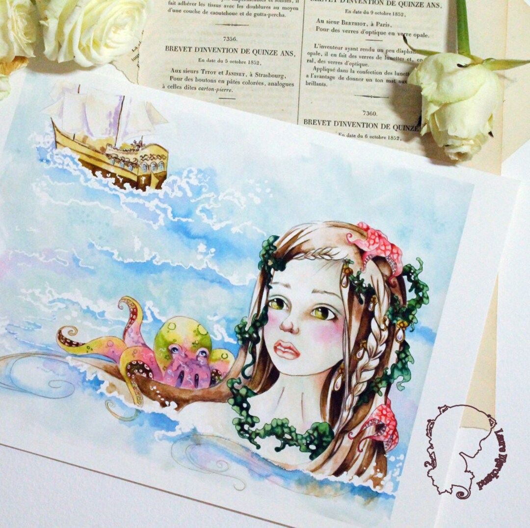 Art Reproduction Art Print Illustration Fantasy Mermaid in the Distance ...