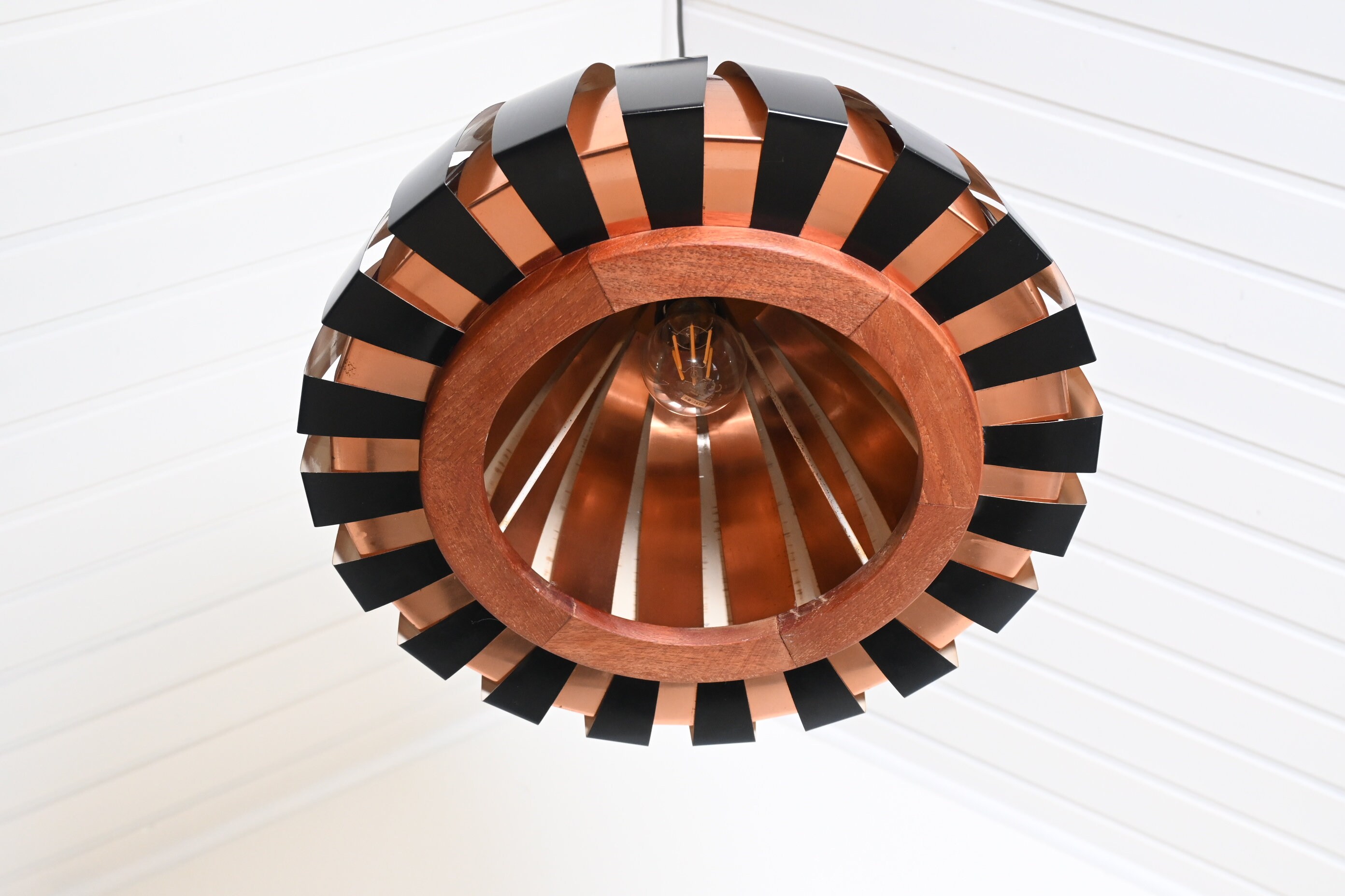 Rare Vintage Fiesta Metal With Wood Pendant / Hanging Lamp by Svend ...