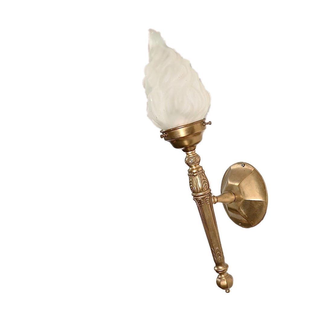 Large Classic French Torch Wall Lamp With Pressed Glass Flame Shade ...