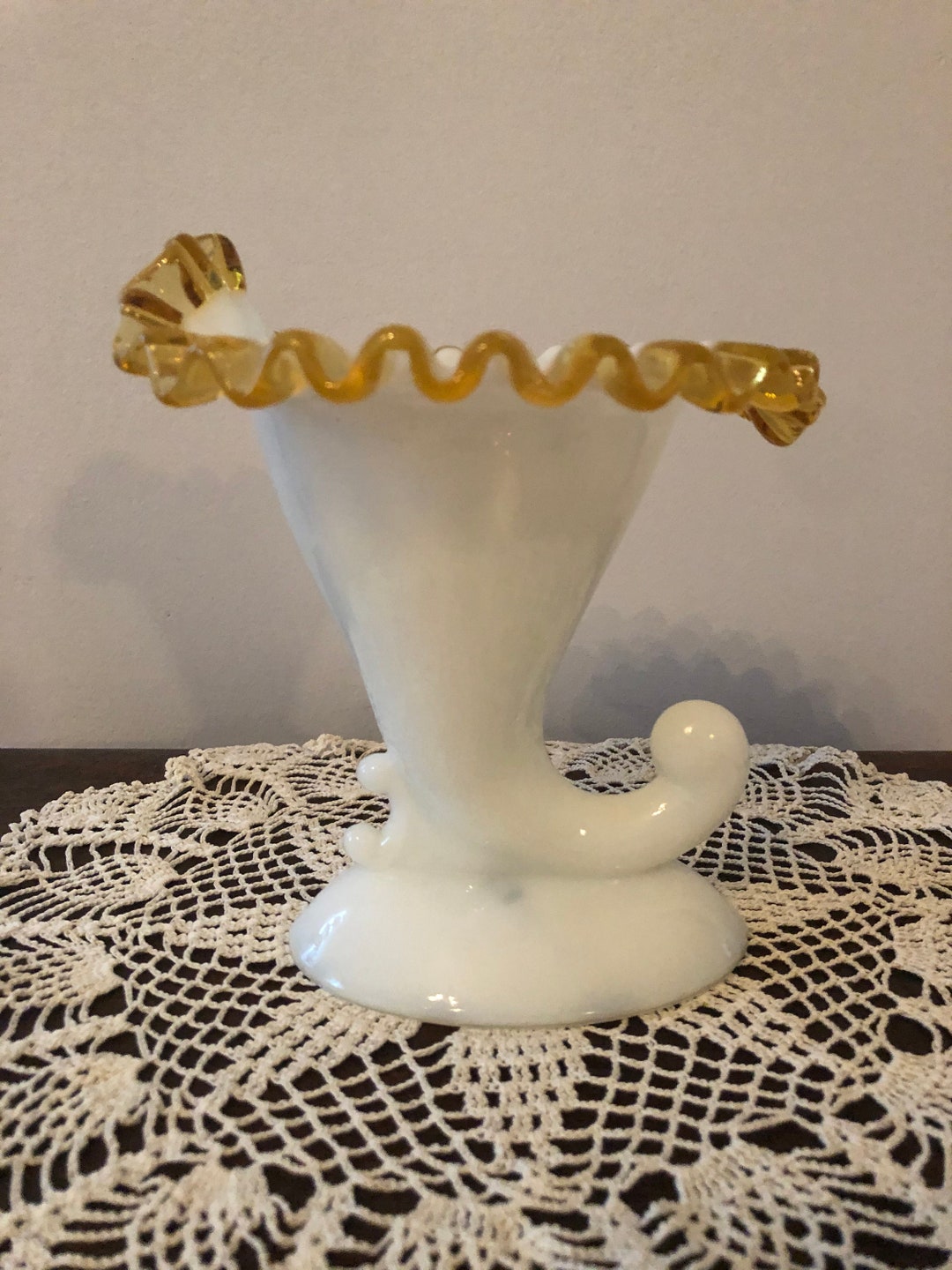 Fenton Gold Crest Cornucopia Milk Glass Candle Holder - Etsy
