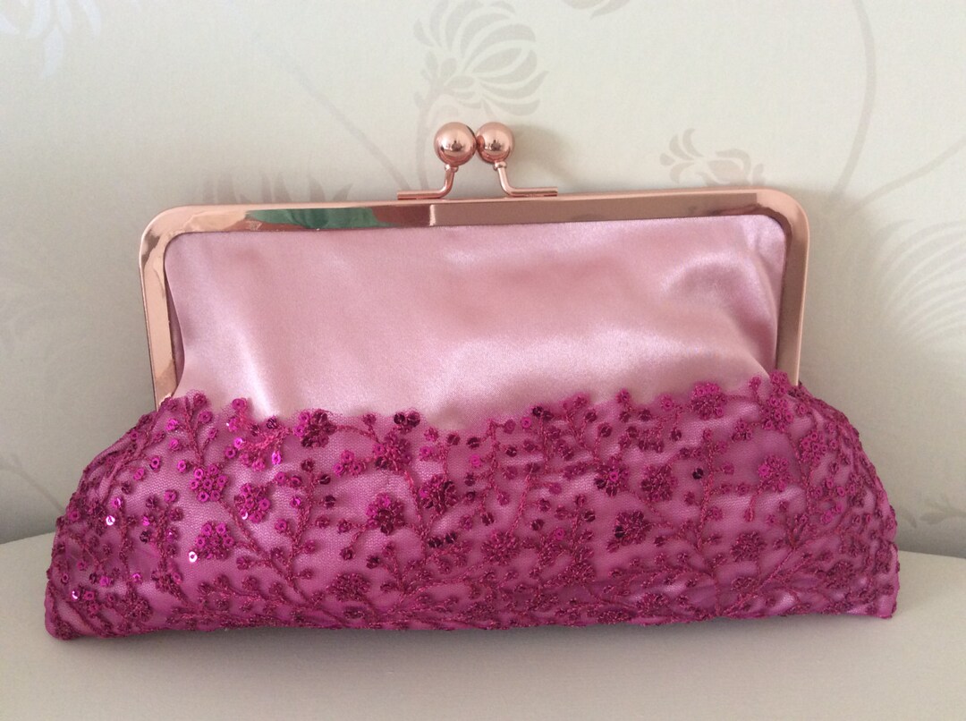 Pink Satin Bridal Purse With Hot Pink Floral Embroidered Trim, Elegant ...