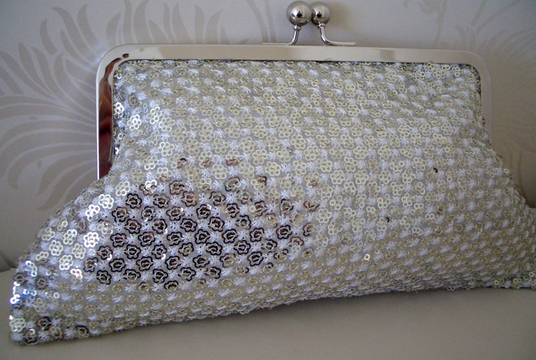 Silber Pailletten Clutch Abendtasche, handgefertigte Blumen Geldbörse ...