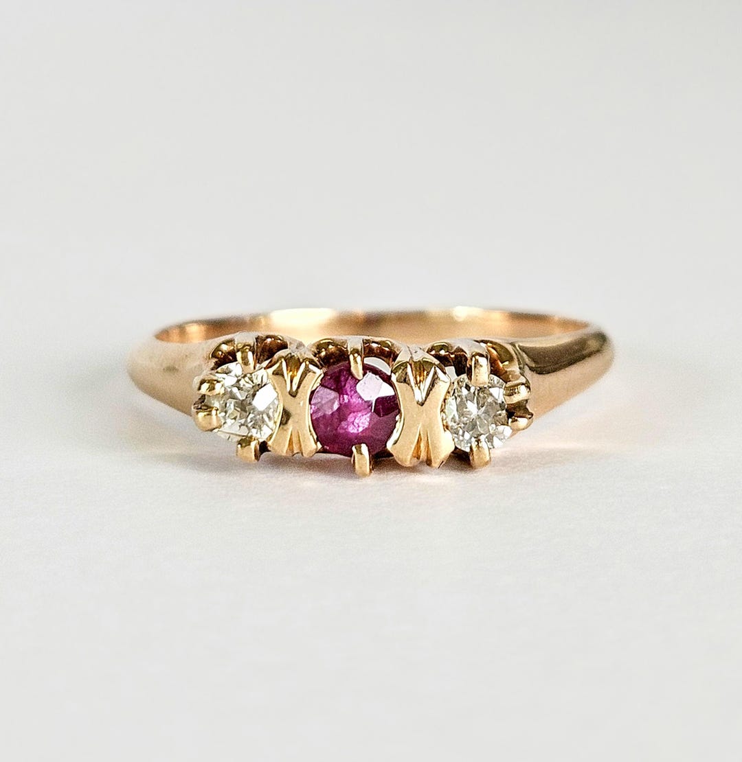 Vintage Ruby & Diamond XO Ring – 15K Yellow Gold – Dainty Stacking Ring ...