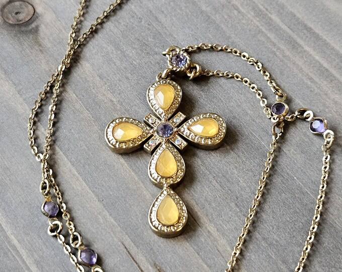 Vintage AVON Glitzy Cross Necklace - Gold Tone Pendant With Teardrop ...