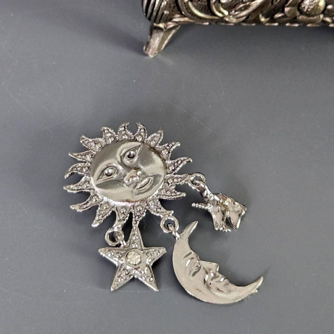 Vintage Silver Toned Celestial Moon Star Dangle Brooch - Etsy