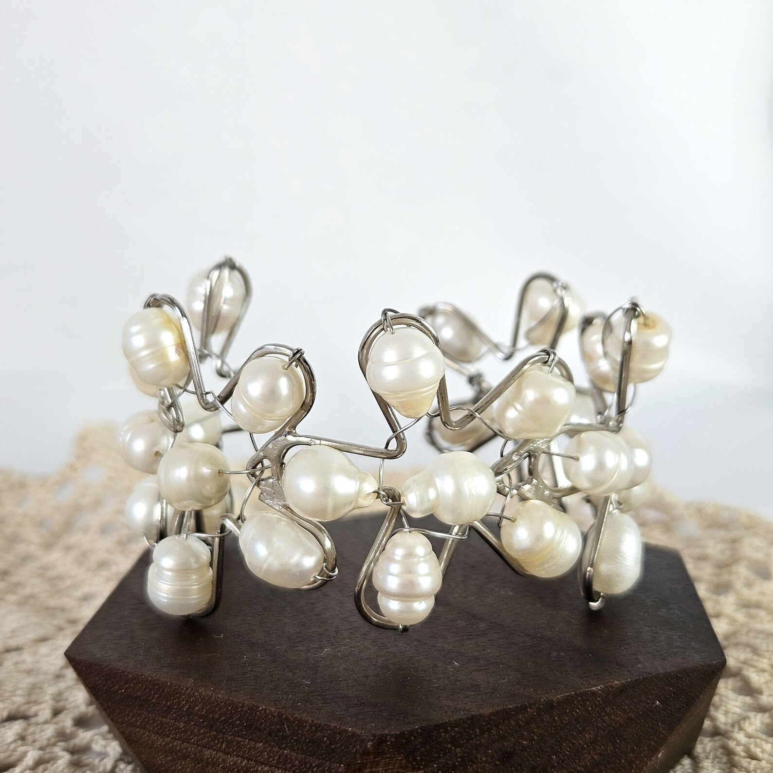 Six Daisy Flower Freshwater Pearl Lulu Cuff Bracelet Floral Silver Tone ...