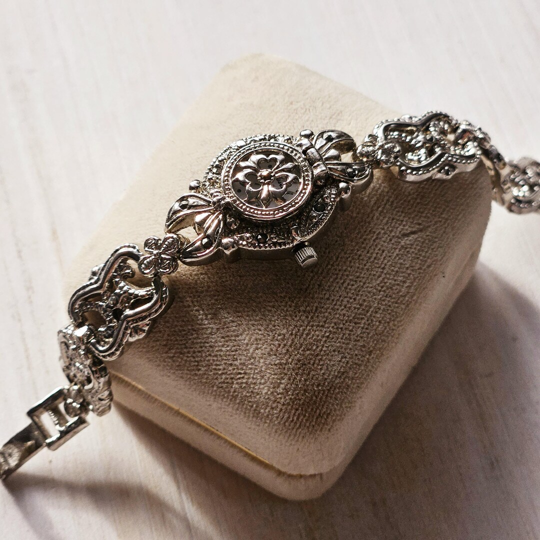Vintage Silver-toned Ornate Locket-style Watch With Marcasite Details ...