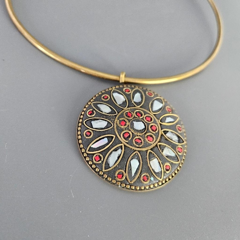 Brass Hasli Design Round Pendant Necklace, Vintage Mosaic Brass ...