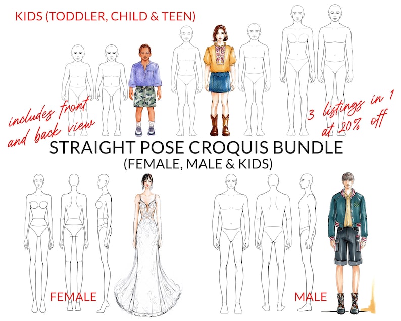 Fashion Figure Croquis Bundle Mens Womens Kids Template Frontal Basic ...