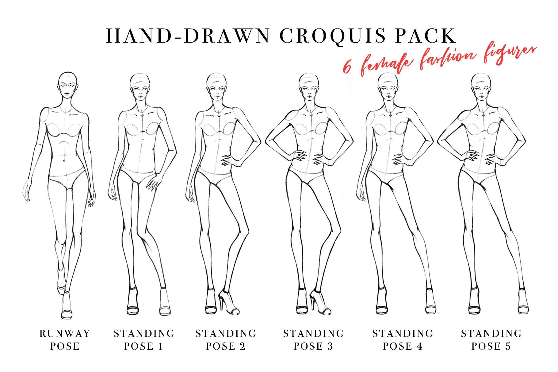 Hand-drawn Fashion Croquis Pack, Female Fashion Figure Template, Body ...