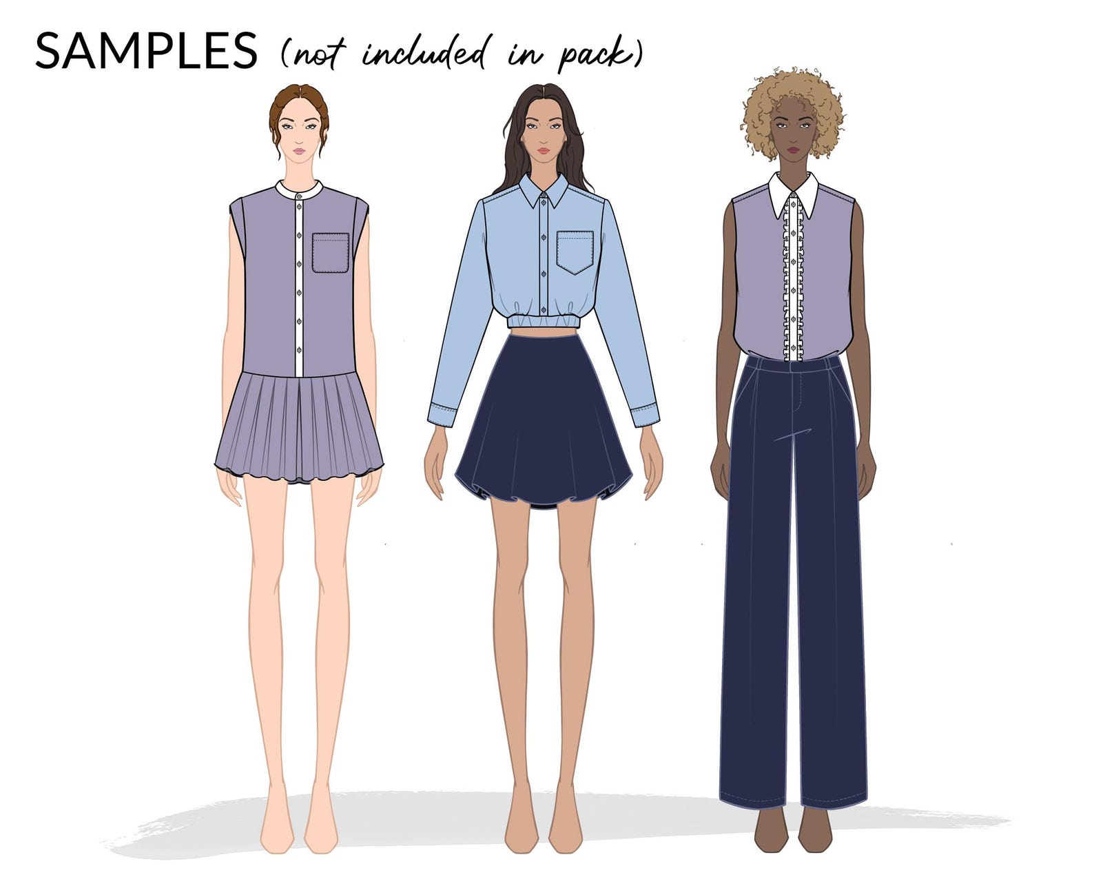Women's Shirt Flat Drawings, Technical Flat Fashion Drawing, Women's ...