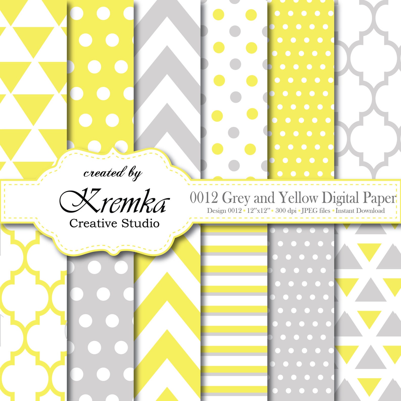 Grey and Yellow Digital Paper Pack - Polka Dots, Chevron, Stripes ...