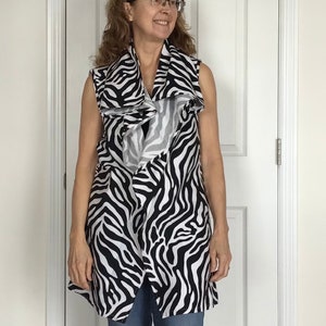 Zebra Animal Print Vest With Wide Collar, XS Black and White Sleeveless ...