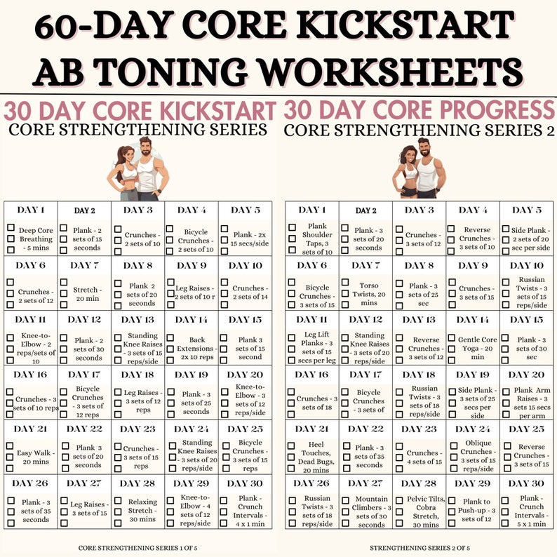 60-day Flatter Tummy Worksheets | Belly Fitness Month Planner | Abs ...