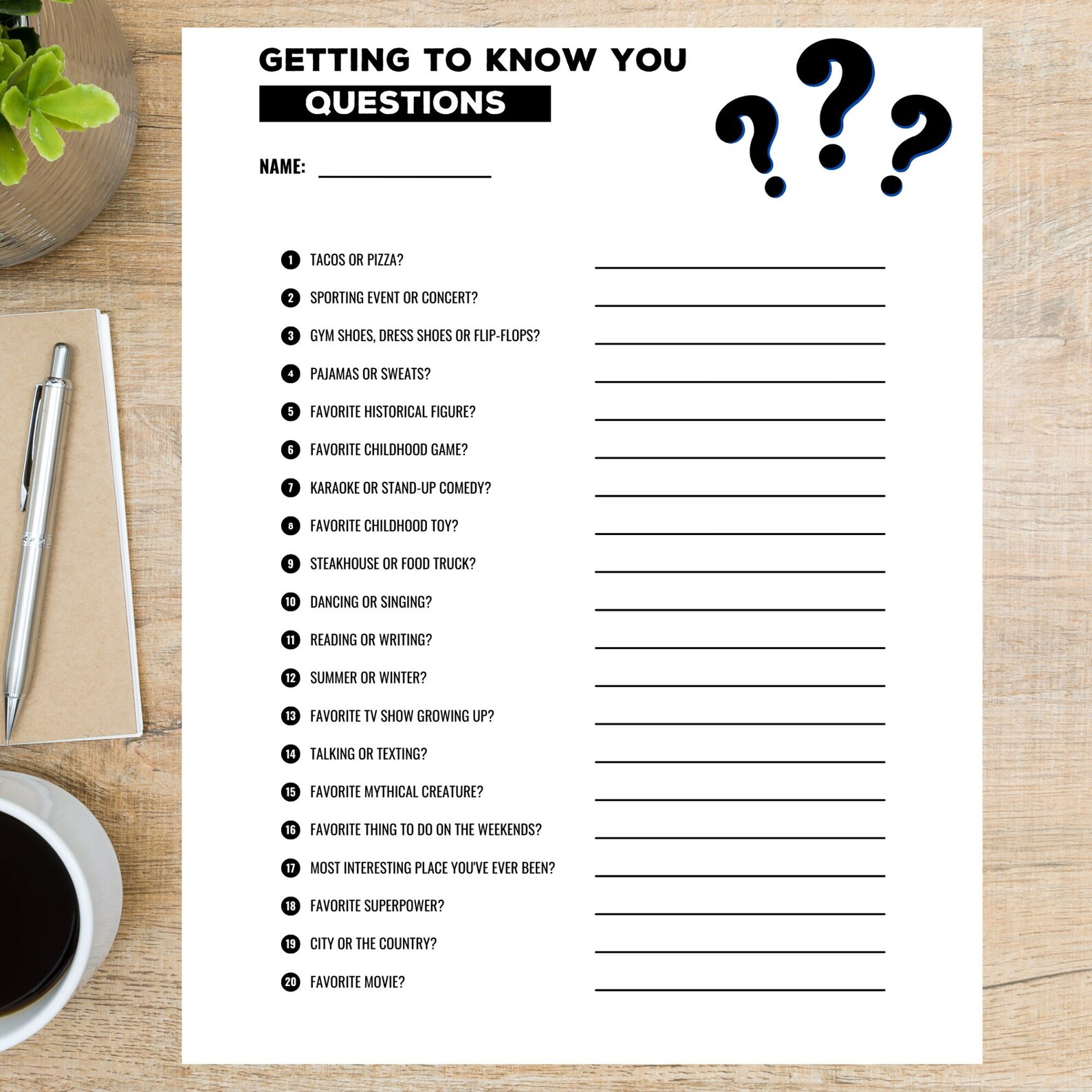 Getting to Know You Questions Printable About Me Favorites Icebreaker ...