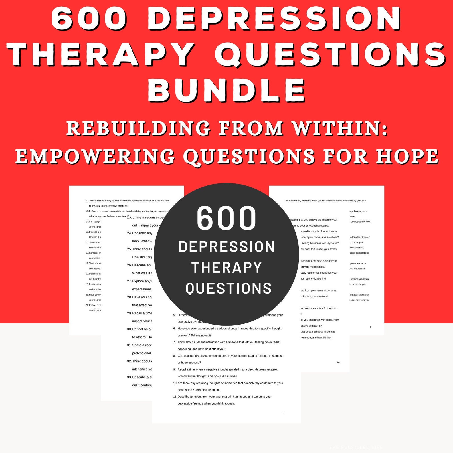 600 Depression Therapy Questions Mental Health Self-esteem Workbook ...