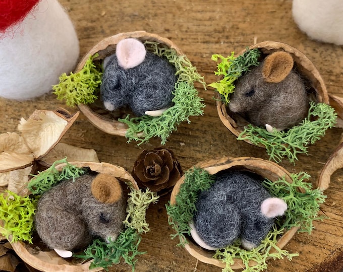 Cute Mouse in a Walnut Shell, Curled up Sleepy Mice, Handmade Rustic ...