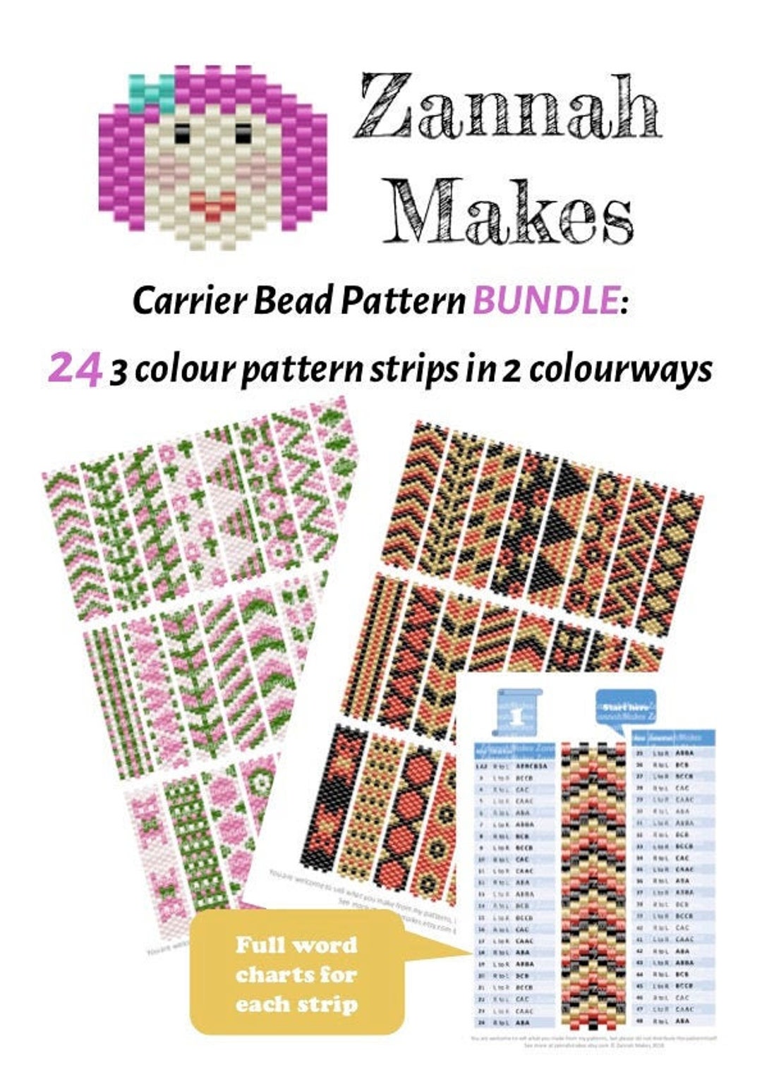 Three Colour Carrier Bead Pattern BUNDLE, Odd Count Peyote, Three ...