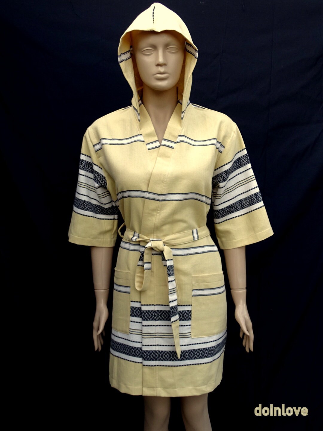 Hooded Half Sleeved Lightweight Soft Cotton Robe in Yellow Colour, Spa ...