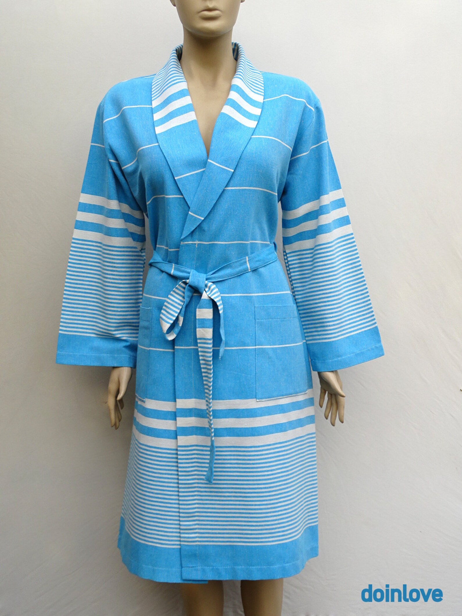 Turquoise Blue Turkish Soft Cotton Lightweight Shawl Collar Bathrobe ...